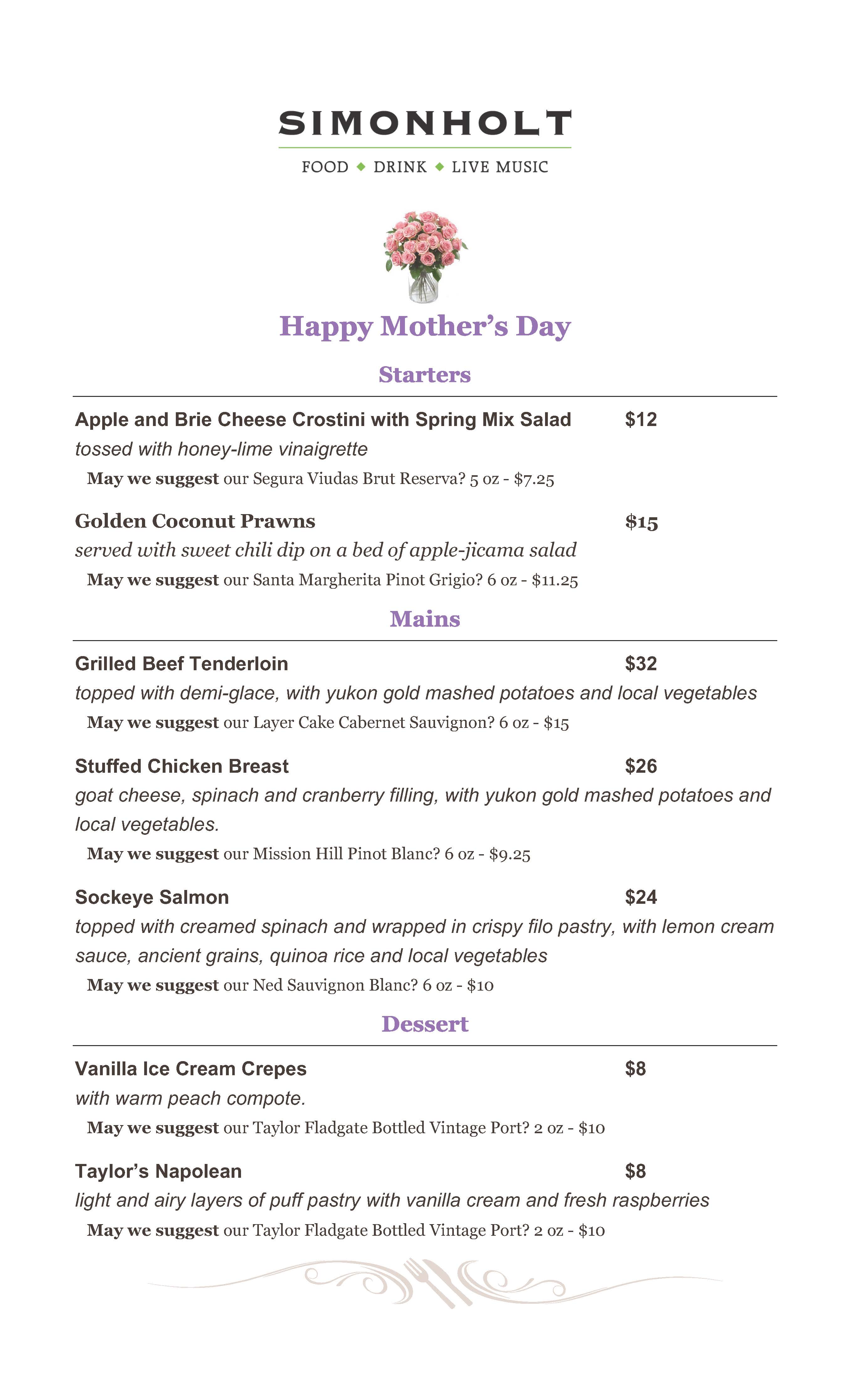 Simonholt Mother's day Dinner Menu - SIMONHOLT Restaurant | FOOD, DRINK ...